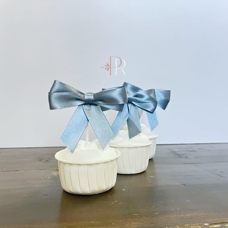 Blue Ribbon Bow Cupcake Toppers Dusty Blue, Handmade Set of 12 - Etsy