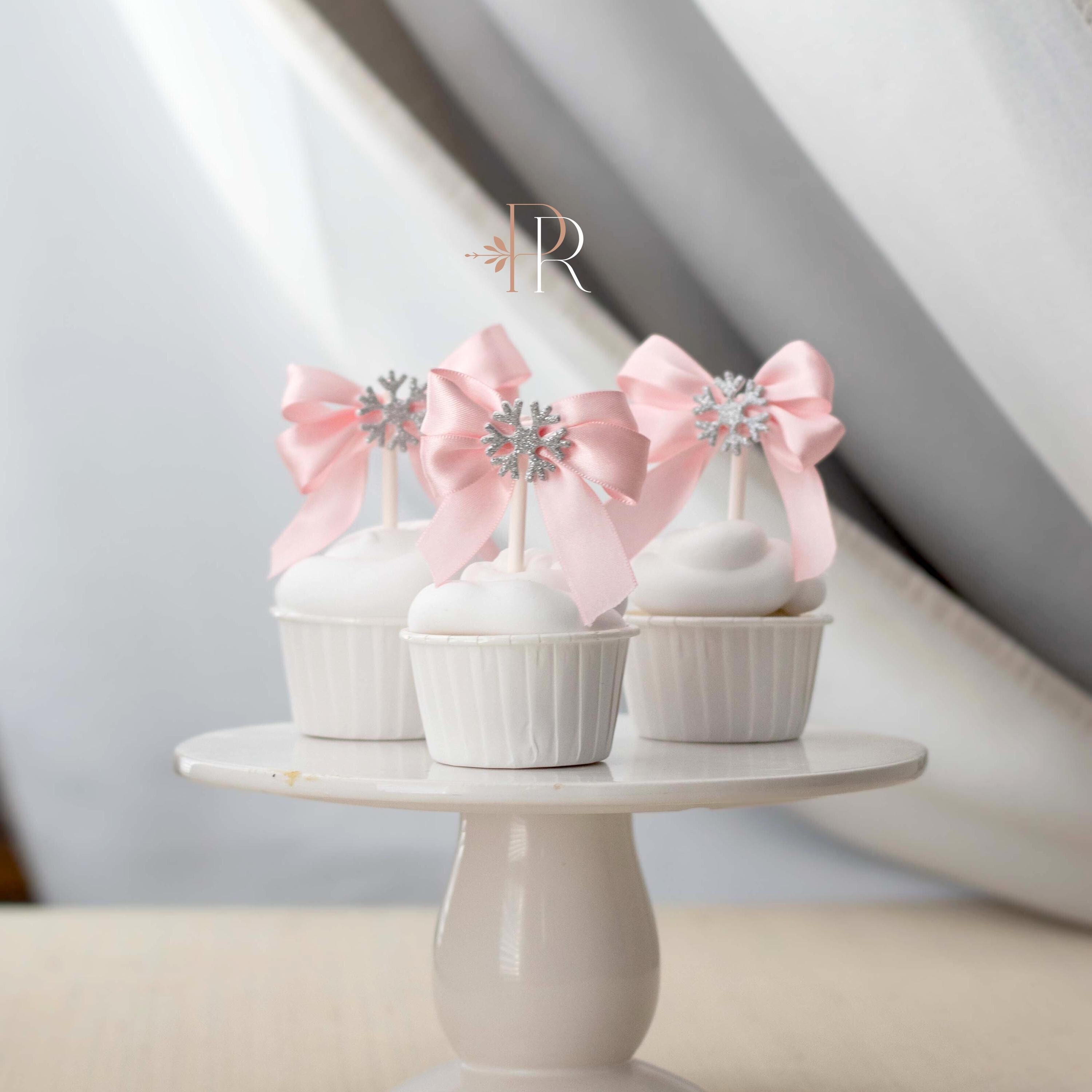Pink Bow Cupcake Toppers With Silver Snowflake Winter Wonderland ...