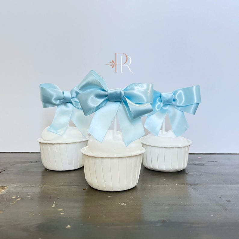 Baby Blue Ribbon Bow Cupcake Toppers, Handmade Set of 12 - Etsy