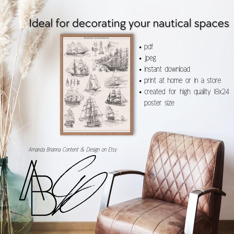 Nautical Line Illustrations Printable Wall Art | Digital Download ...