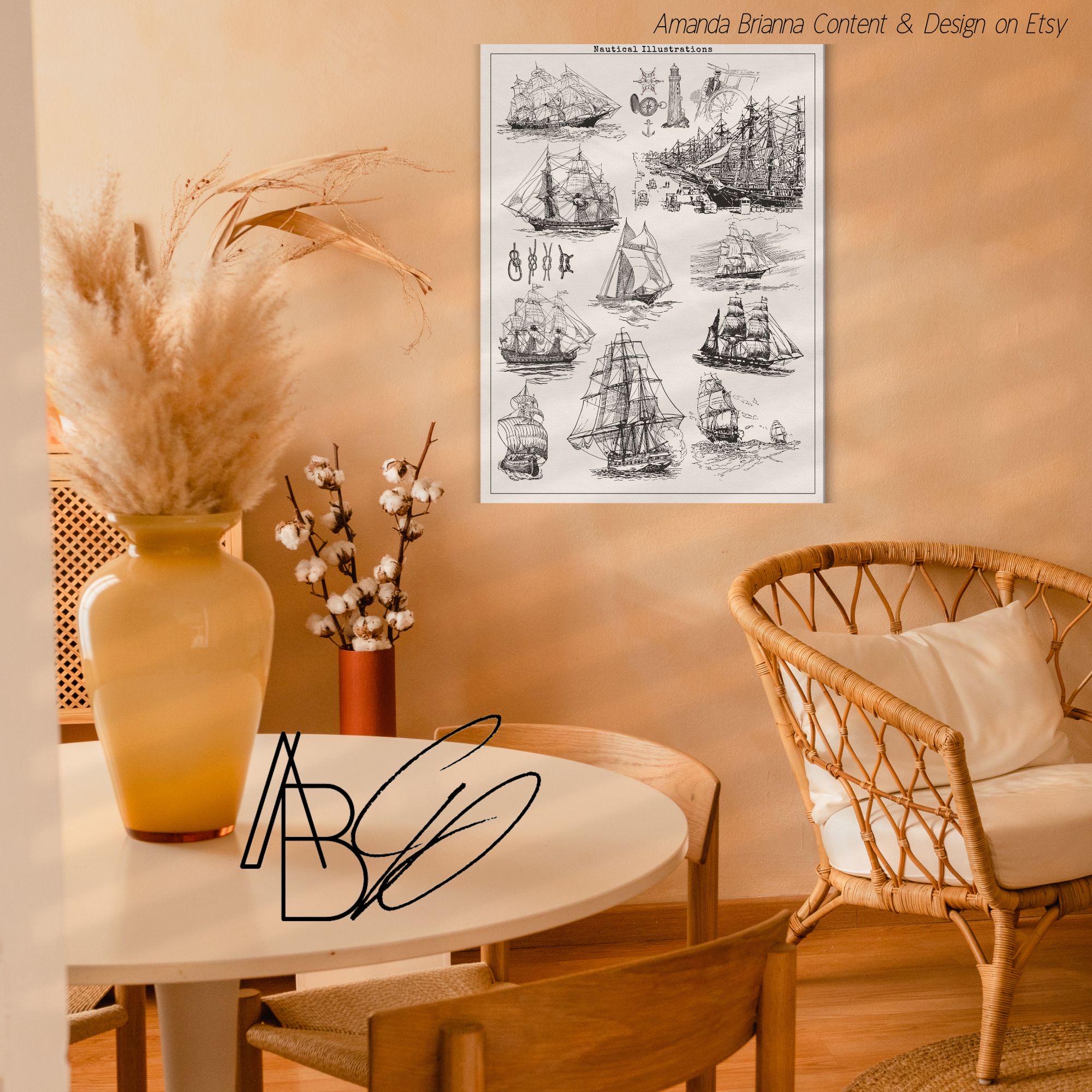 Nautical Line Illustrations Printable Wall Art Digital Download Vintage ...