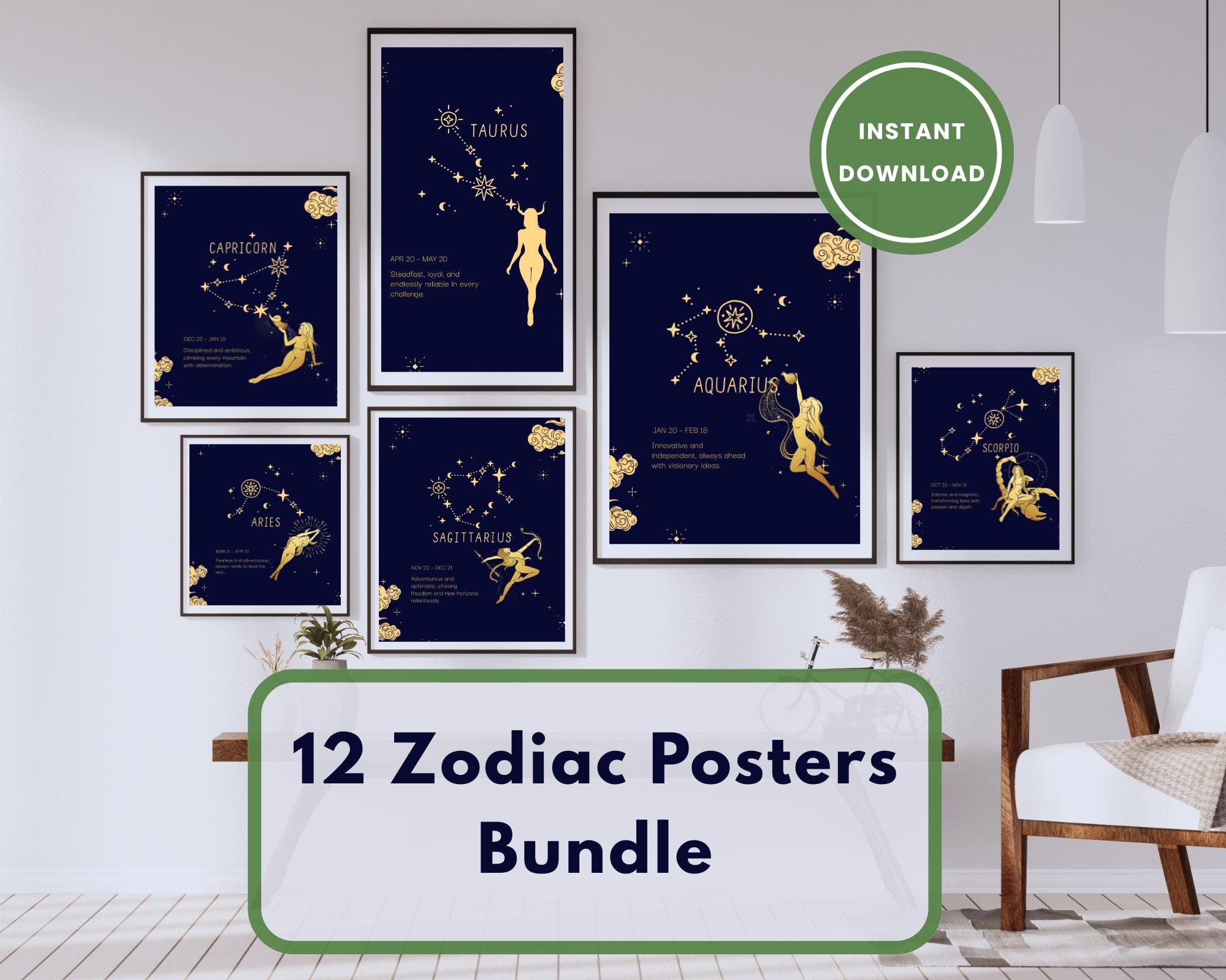 12 Zodiac Posters Bundle | Astrology Wall Art Set | Digital Download ...