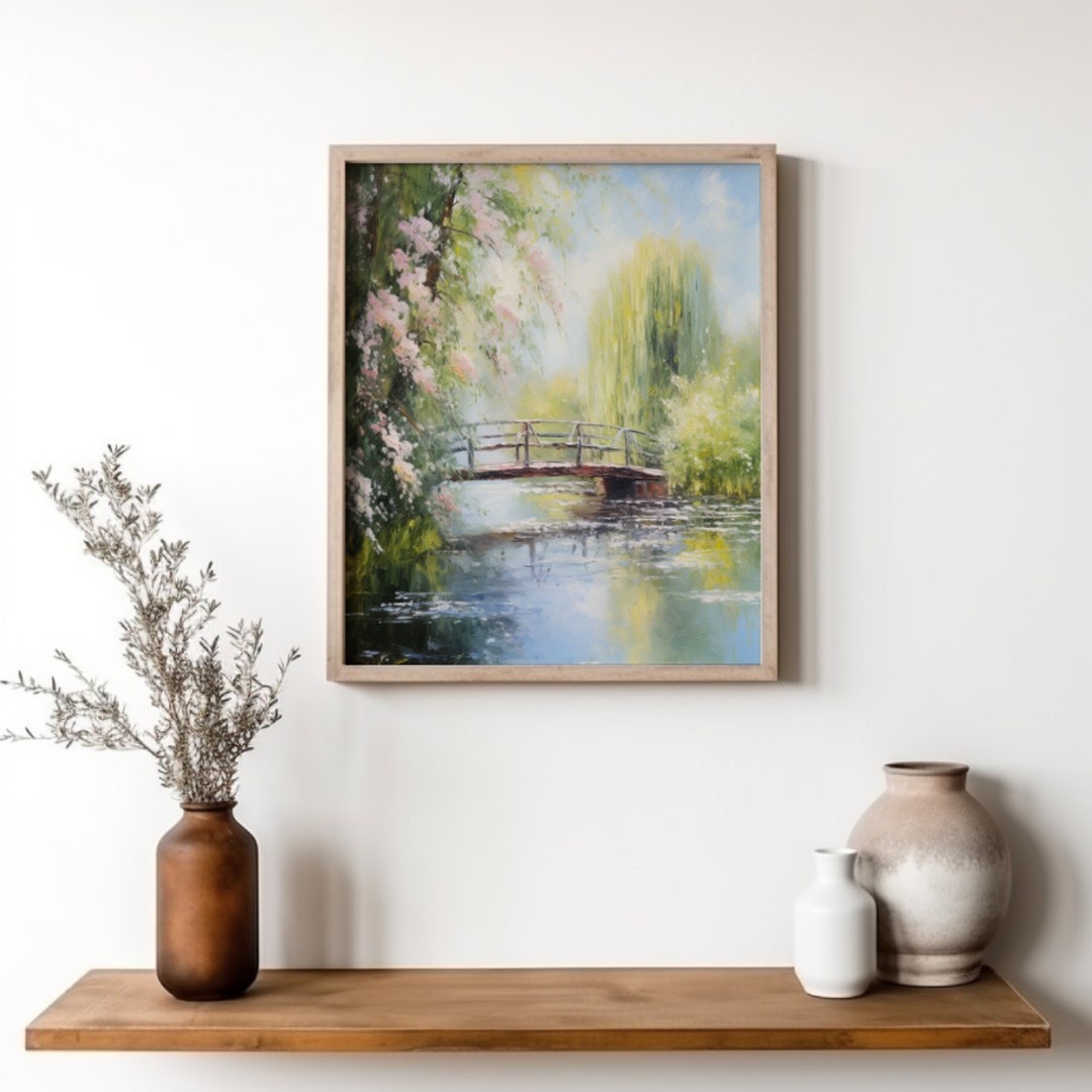 Claude Monet Inspired Bridge and Willow Tree, Flowers, Stream, Trees ...