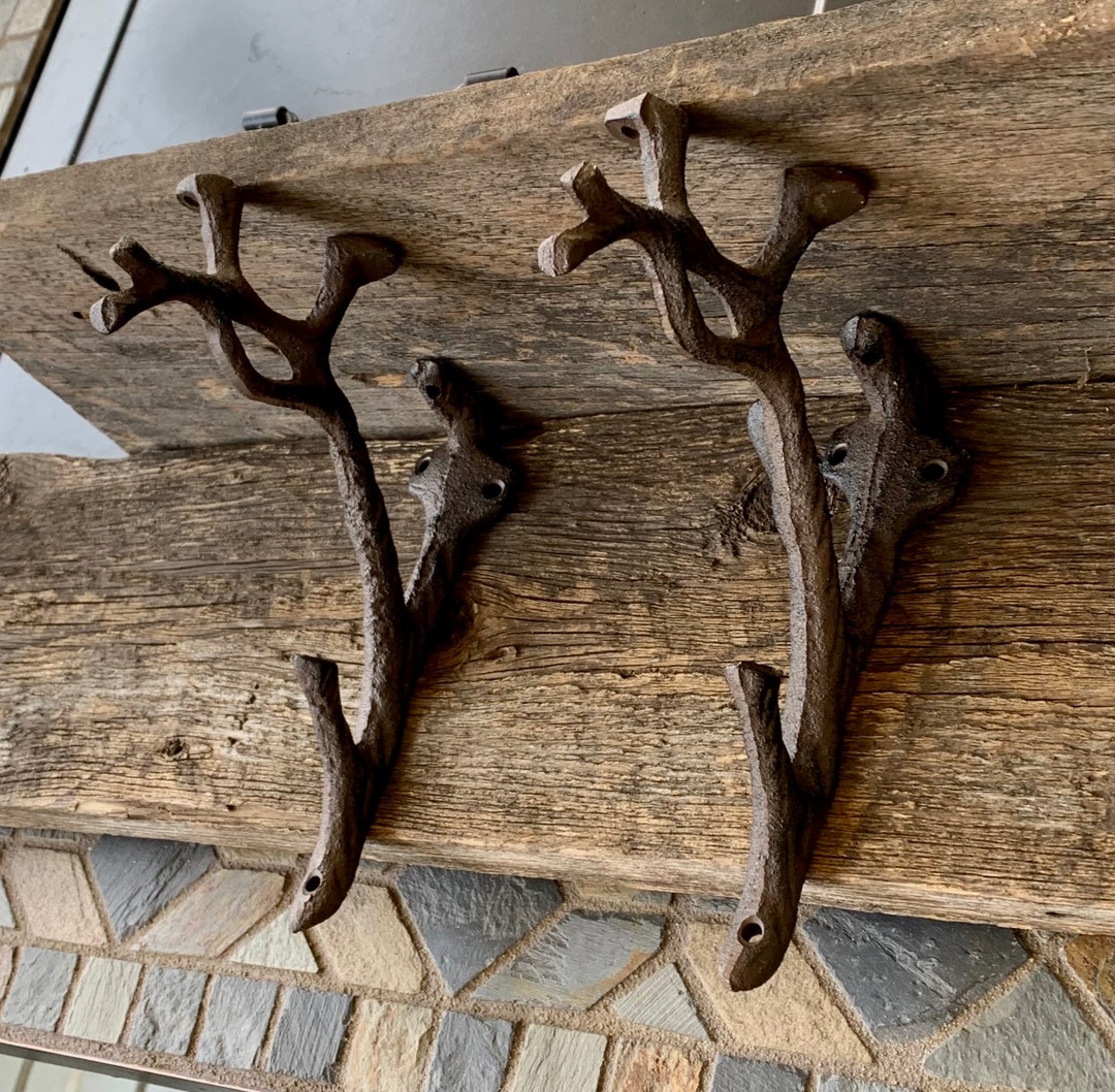 Set of 2 Rustic Branch Shelf Brackets . Cast Iron Brown Black Brackets ...