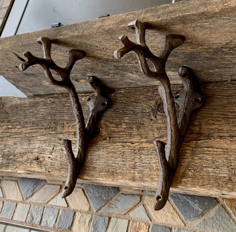 Set of 2 Rustic Branch Shelf Brackets . Cast Iron Brown Black Brackets for Shelf Craft . Cabin ...