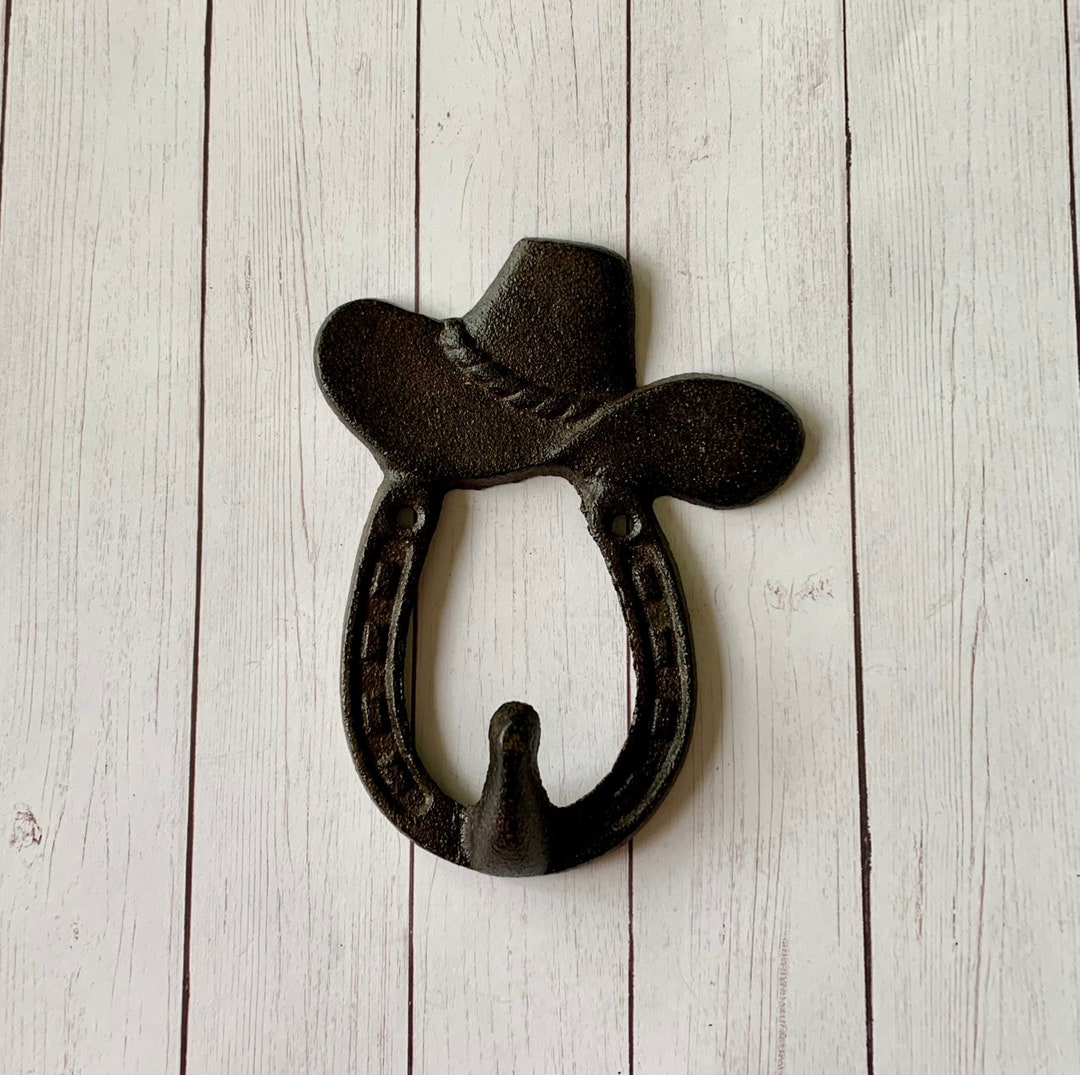Cast Iron Cowboy Cowgirl Western Horseshoe Cowboy Hat Hook Hanger / Craft Supply for Shelf or ...