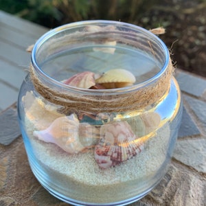 Glass Jar With Sand & Seashells and Jute Ribbon . Small Reflective Blue ...