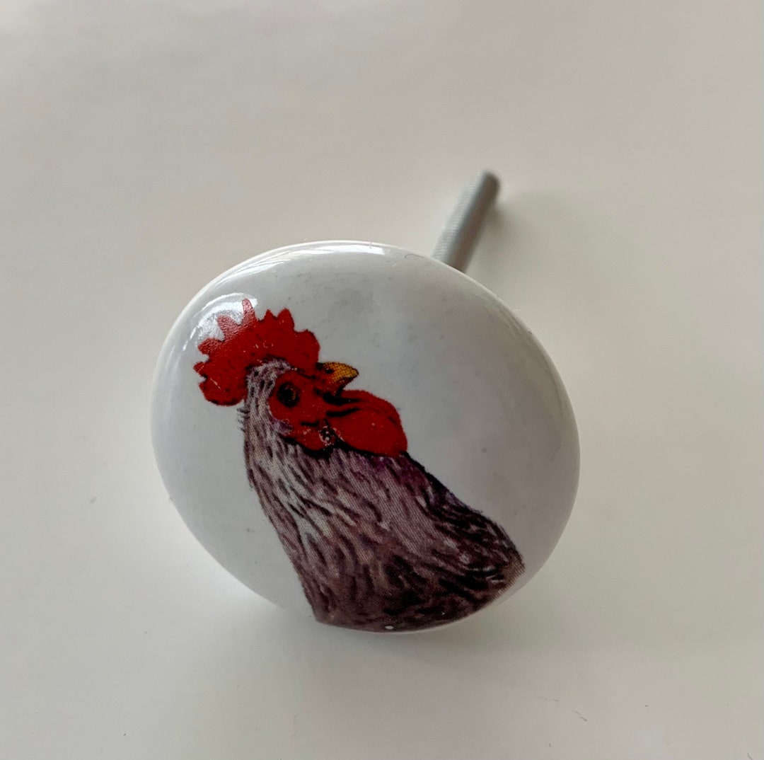 Rooster White Ceramic Round Cabinet Door Knob / Kitchen Drawer Furniture Country Farmhouse ...