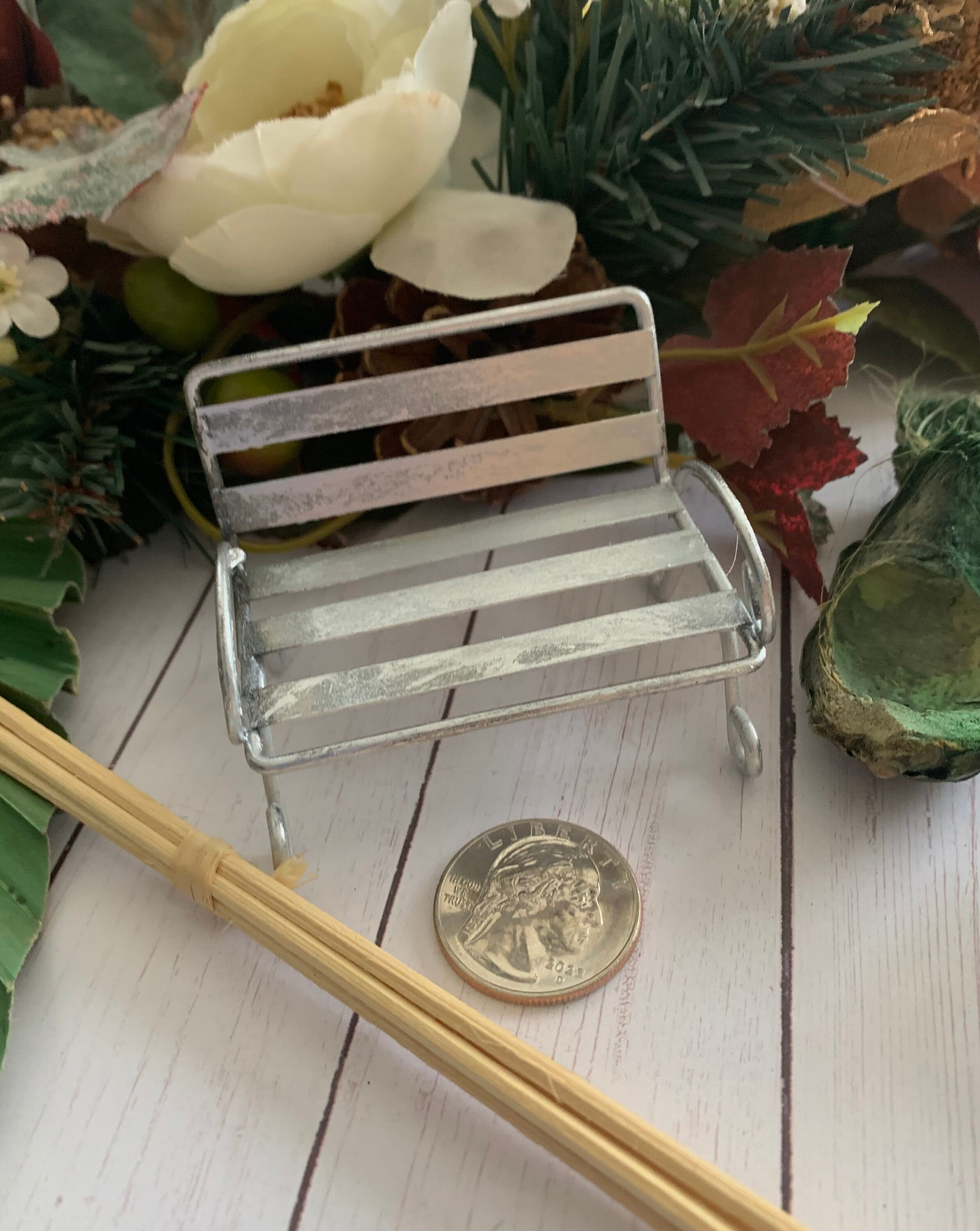 Garden Diorama Silver Metal Park Bench / Fairy Garden Dollhouse Garden ...