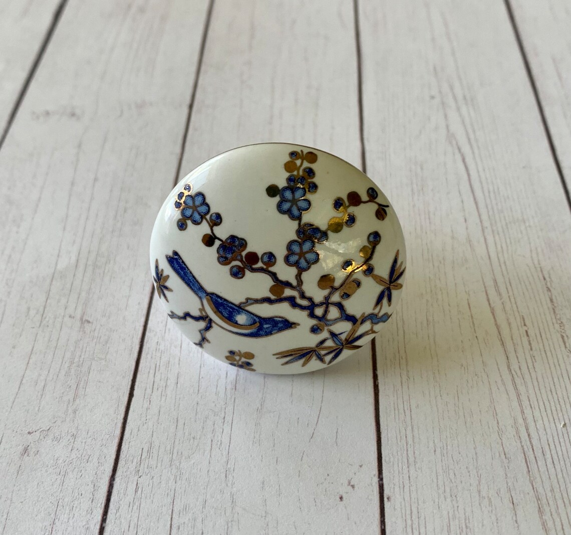 White Ceramic Asian Design Blue Bird Gold Door Drawer Knob . Craft Supply for Crafts Furniture ...