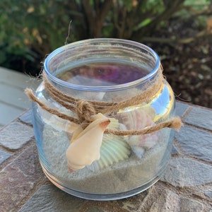 Glass Jar With Sand & Seashells and Jute Ribbon . Small Reflective Blue ...