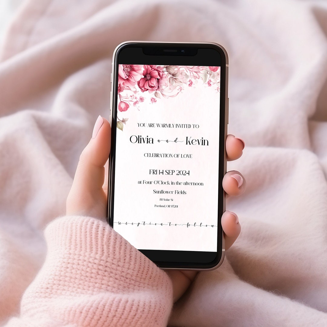 Romantic Pink Digital Wedding Invitation, Mobile Template Invitation ...