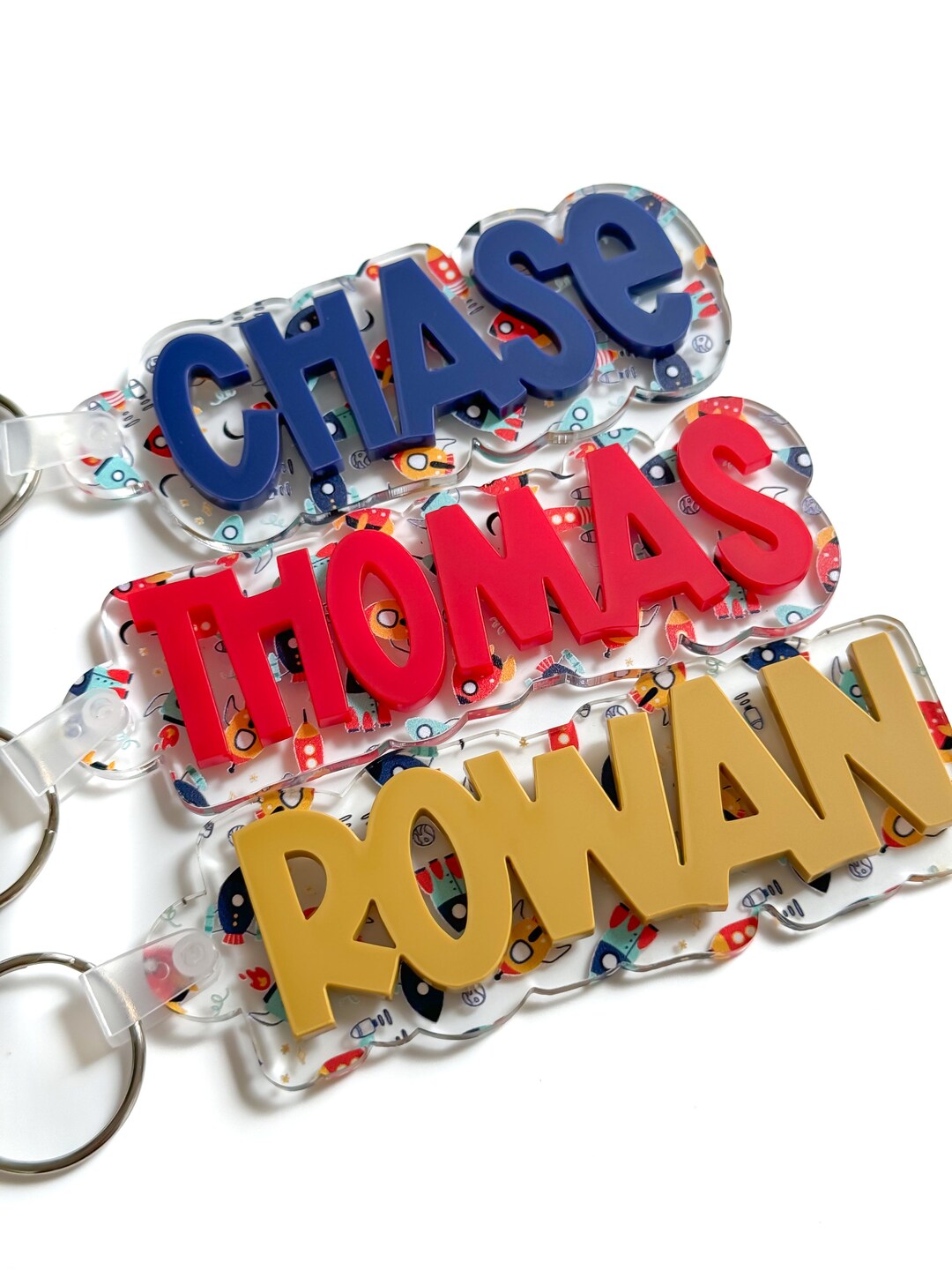 Rocket Ship Outer Space Backpack Name Tag | Acrylic Keychain ...
