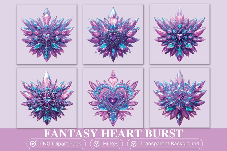 Fantasy Heart Burst Crystal Gem Jewelry Style Clipart Pack - Png's for ...