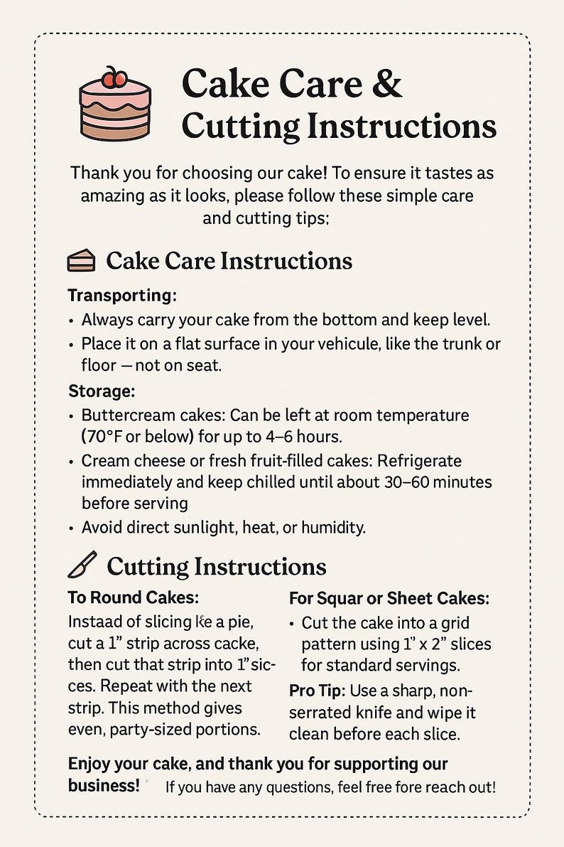 Cake Care & Cutting Instructions, Printable Digital Download, Bakery ...