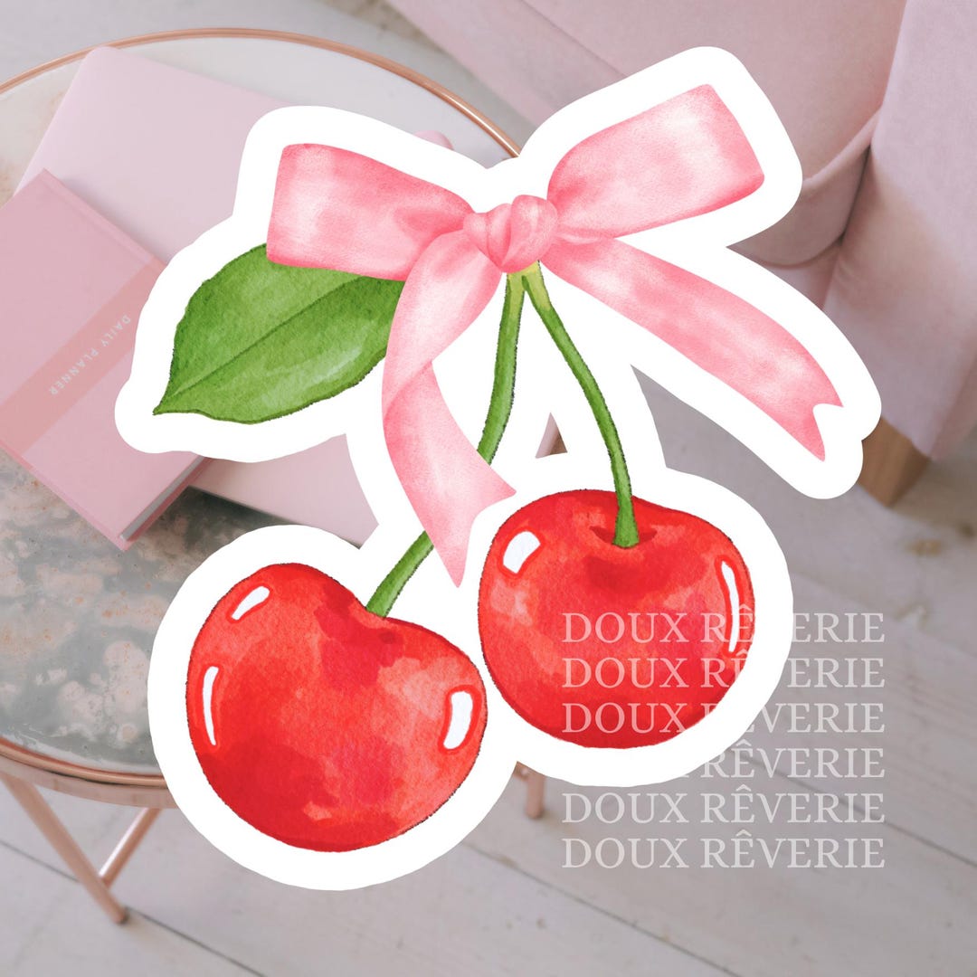 Coquette Cherry Sticker, Coquette Pink Bow Cherries Stickers Girly ...