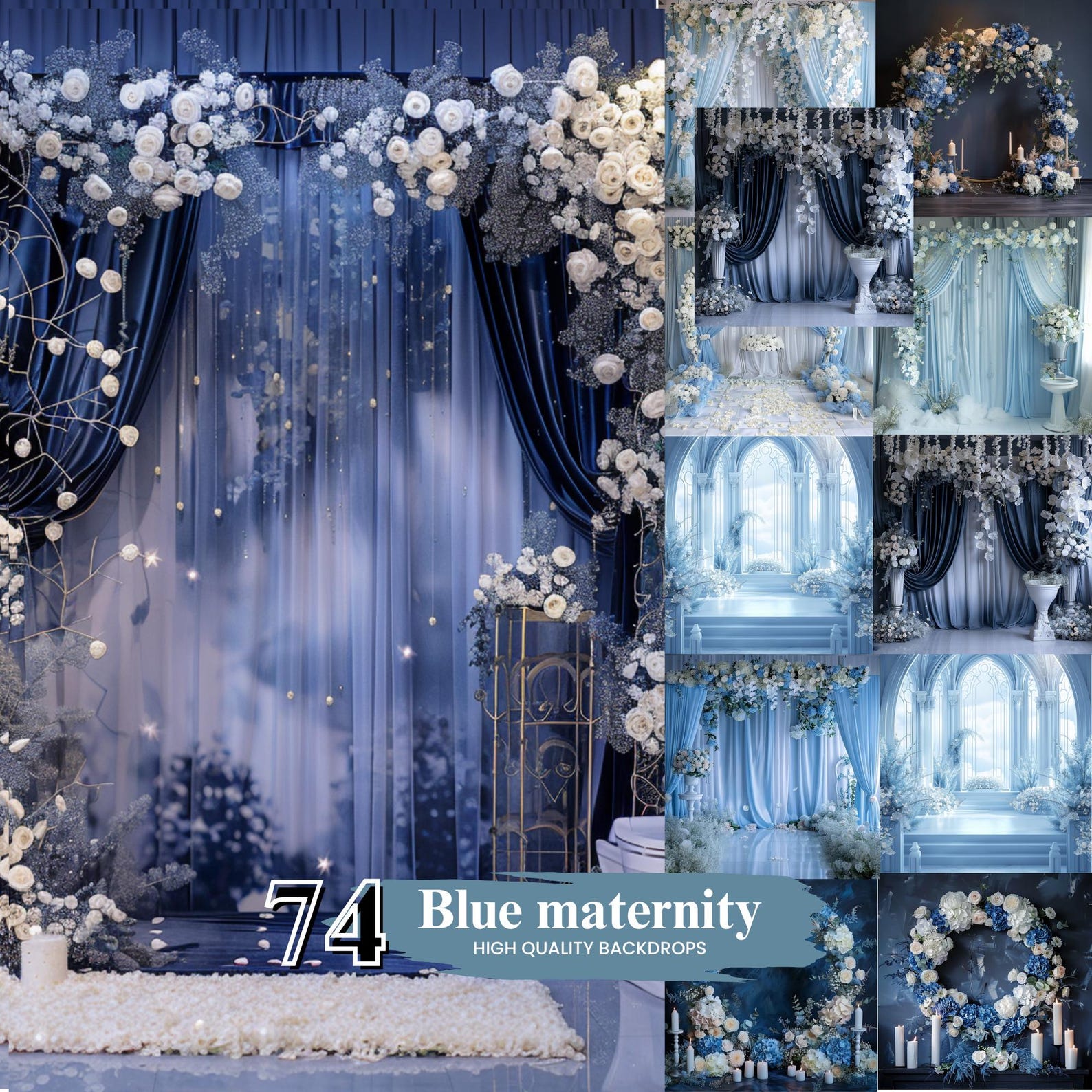 74 Floral Maternity Digital Backdrop, Blue Bundle Family Backdrop ...