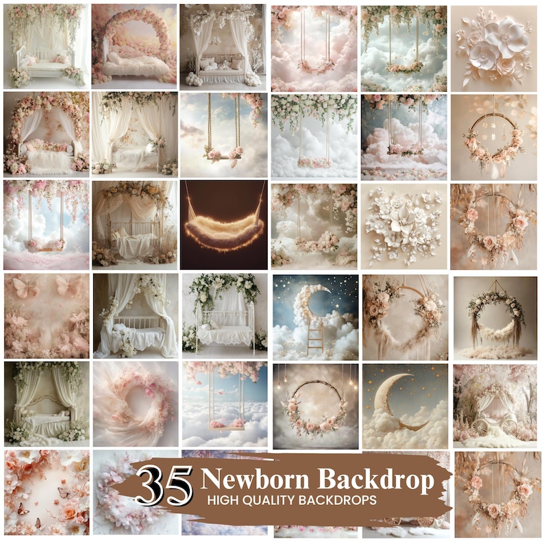 35 Neutral Newborn Digital Background, Flower Pram, Fine Art ...