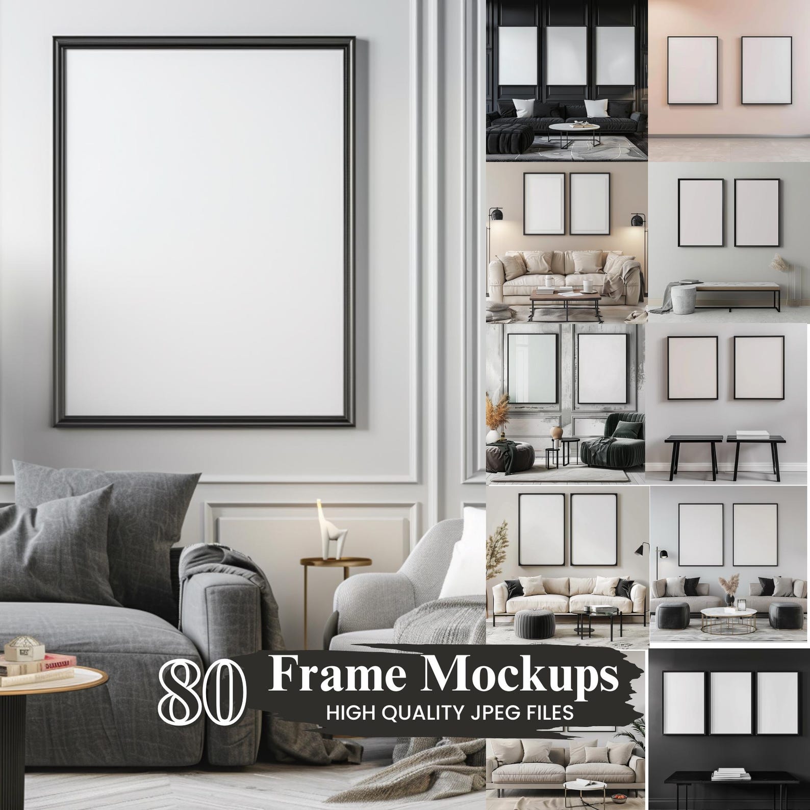 50+ Black Frames Mockup Bundle, Minimalist PNG Frames, Digital Art, Wall Art Display, Interior ...