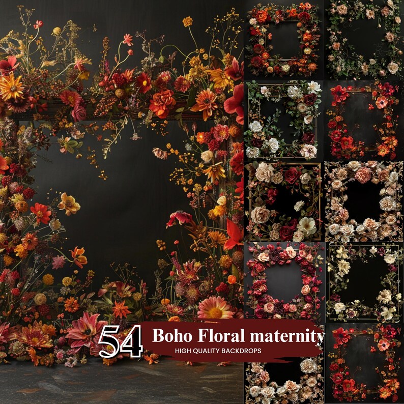 Boho Floral Frame Digital Backdrop, Maternity Floral Frame Overlay ...