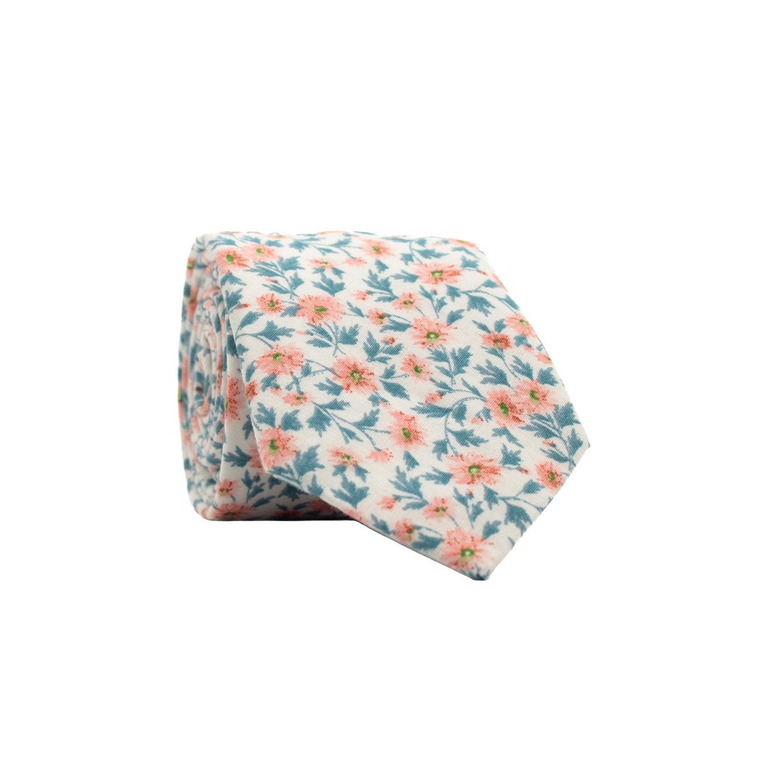 Floral Cotton Skinny Necktie, Peach and Blue, Pocket Square Set - Etsy