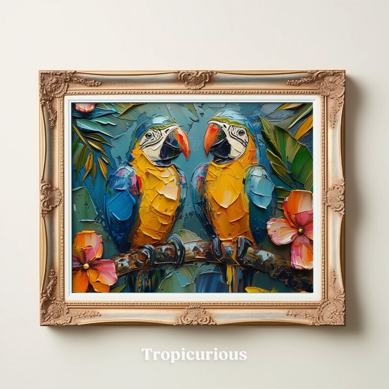 Colorful Parrots With Flowers, Impasto Painting - Etsy