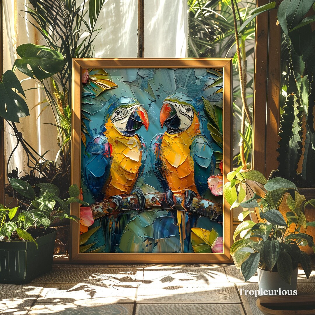 Colorful Parrots With Flowers, Impasto Painting - Etsy