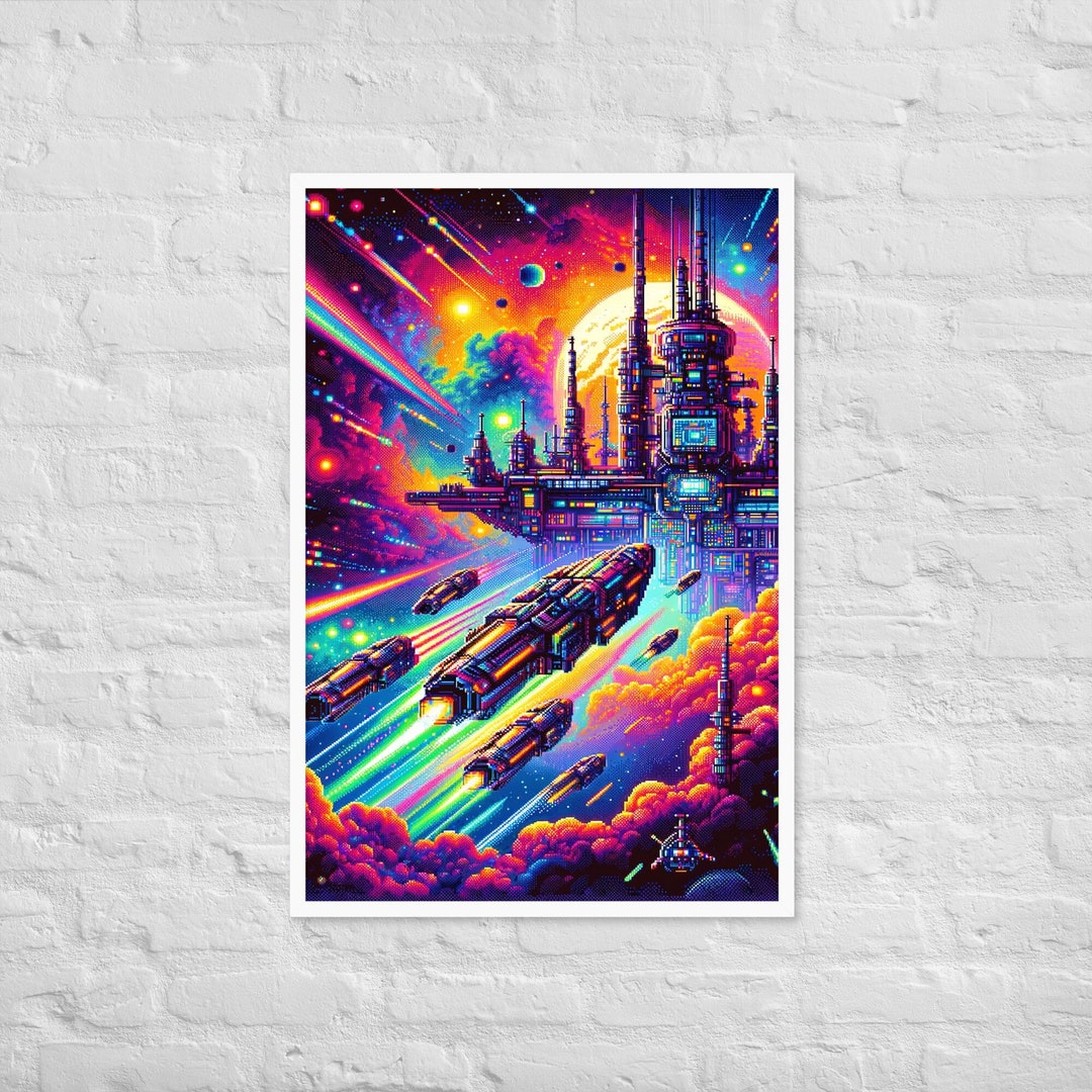 Pixel Art Space Sation Framed Photo Premium Paper Poster Colorful ...