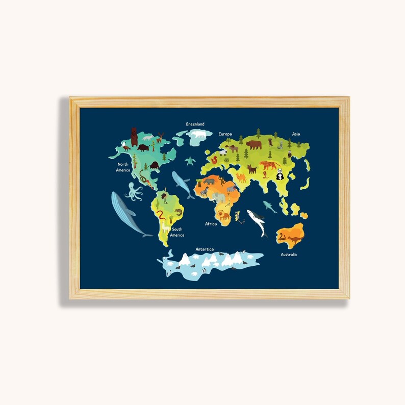 World Map, Animal World Map, Educational Poster, Kids Room, Educational ...