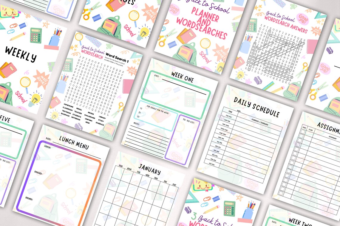 Back to School Kids Planner Wordsearches Undated Printable Calendar ...