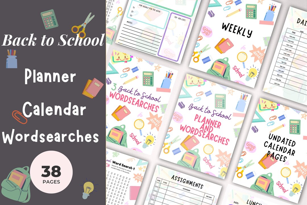 Back to School Kids Planner Wordsearches Undated Printable Calendar ...