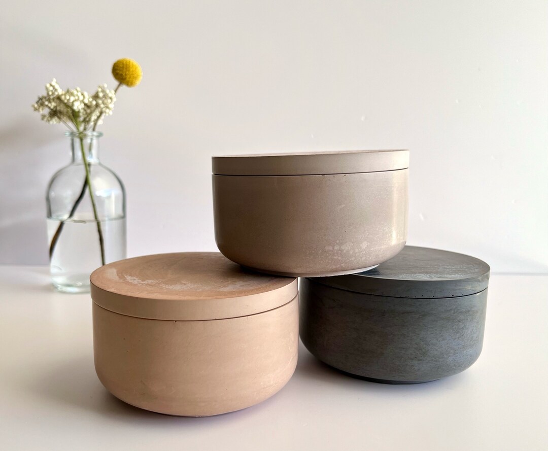 Concrete Container With Lid Round Cement Storage Vessel Concrete Decor ...