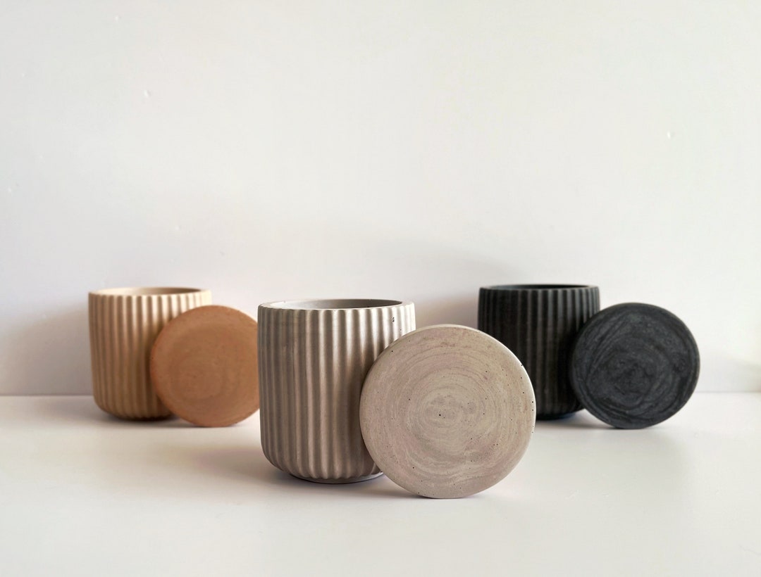 Concrete Container With Lid Round Cement Storage Vessel Ribbed Tall ...