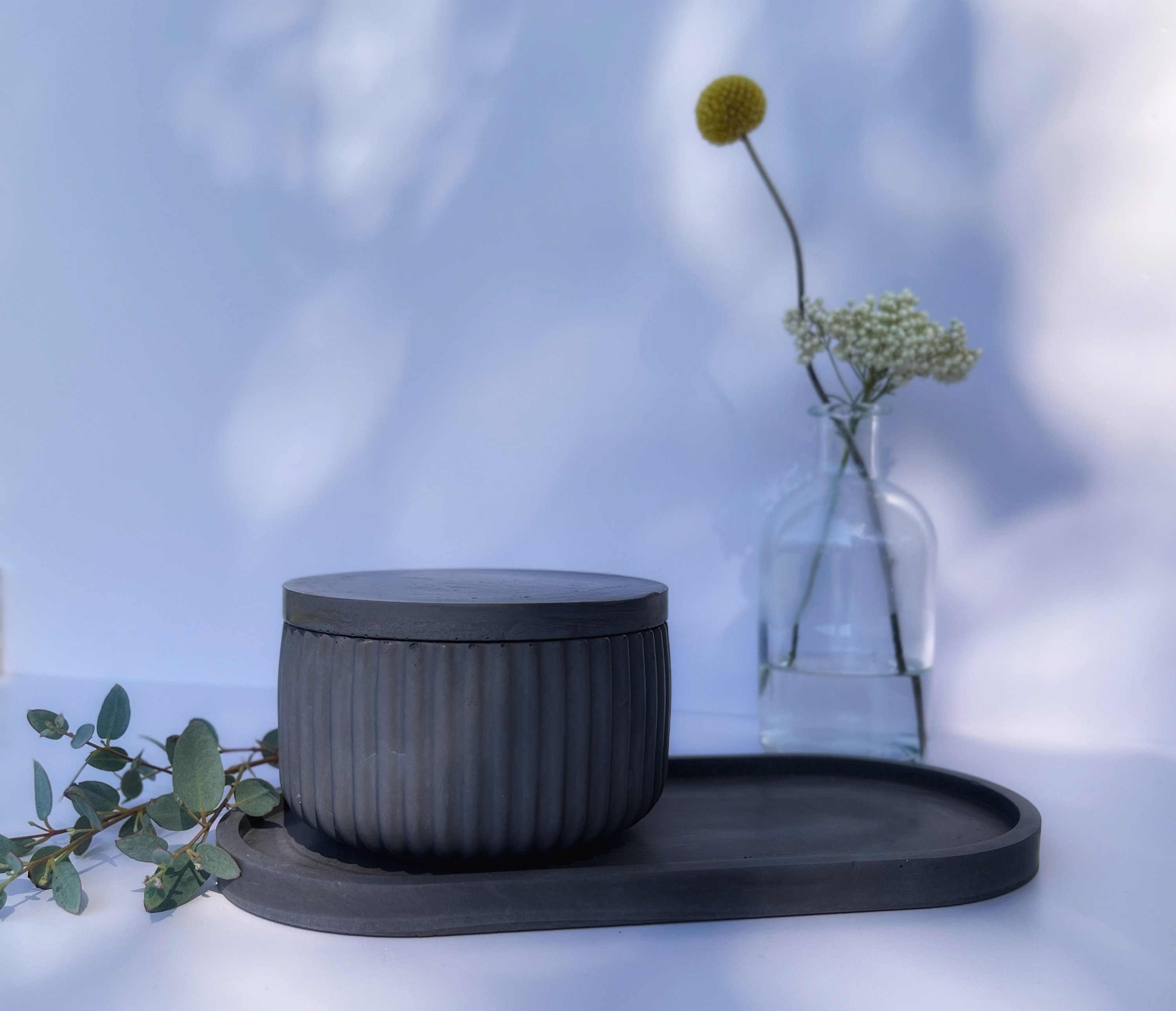 Concrete Container With Lid Round Cement Storage Vessel Ribbed ...