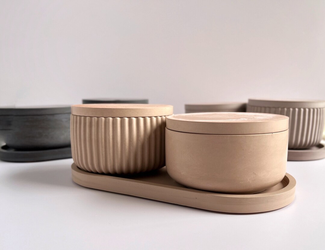 Set of 3 Concrete Container and Tray Set Cement Storage Vessel Set ...