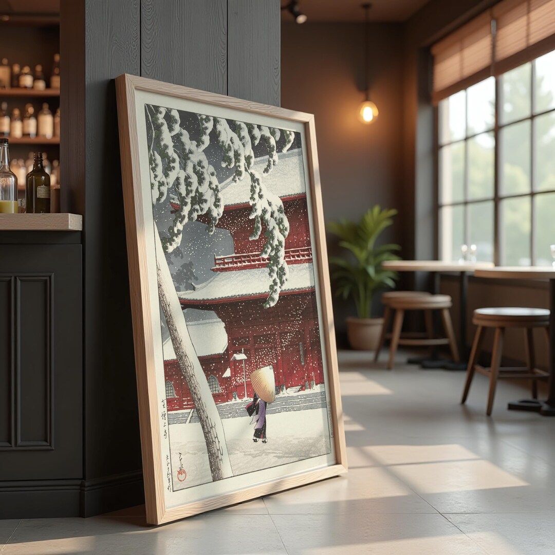 Snowy Temple Walk Satin Poster | Japanese Woodblock Print, Winter Scene ...
