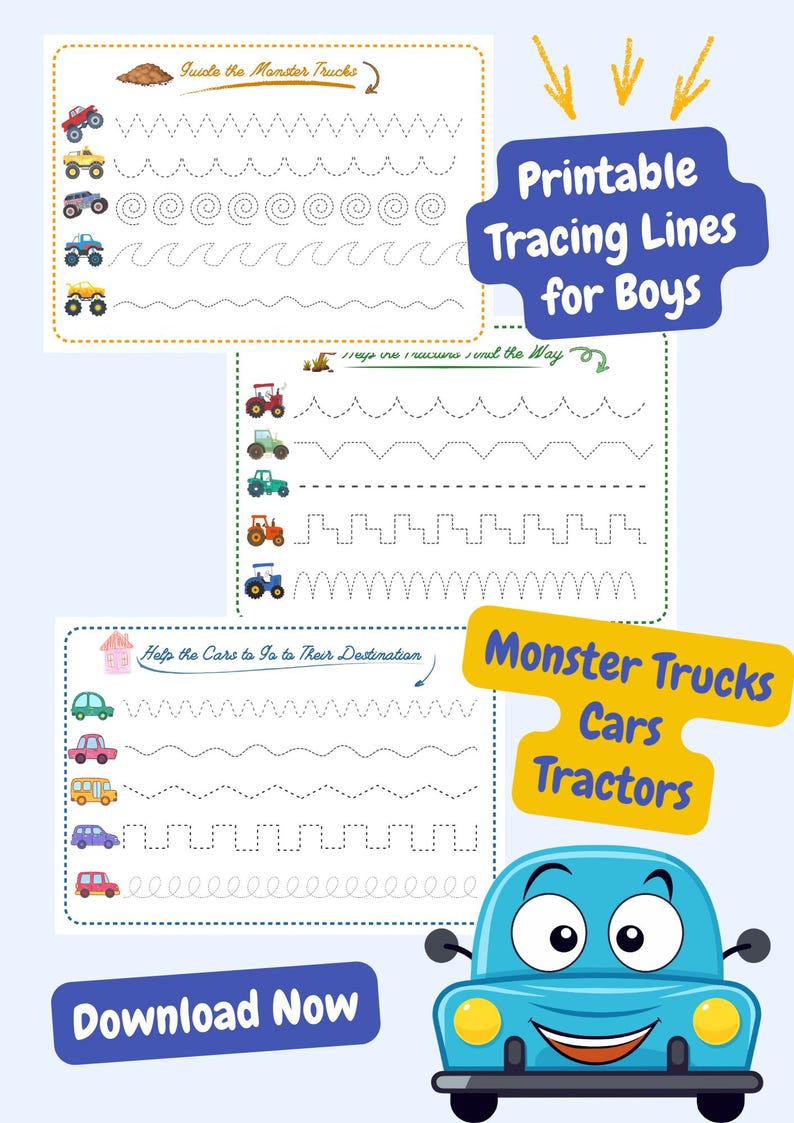 Tracing Lines for Boys | Pre Writing Practice Printable | Cars, Monster ...
