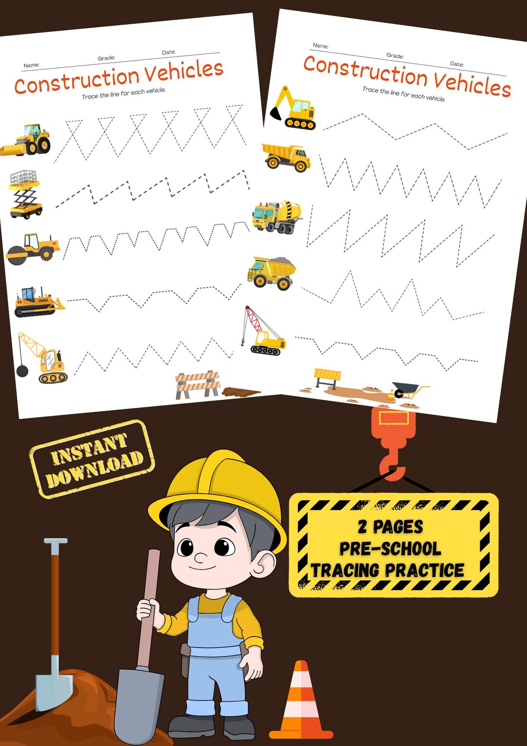 Quiet Time Activity Kids Ages 2-5 | Construction Vehicle Tracing ...