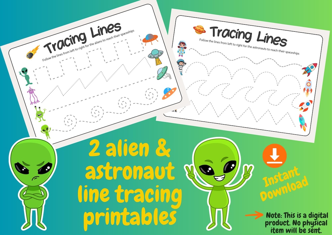 Space Tracing Lines Worksheets for Kids – Alien & Astronaut Prewriting ...