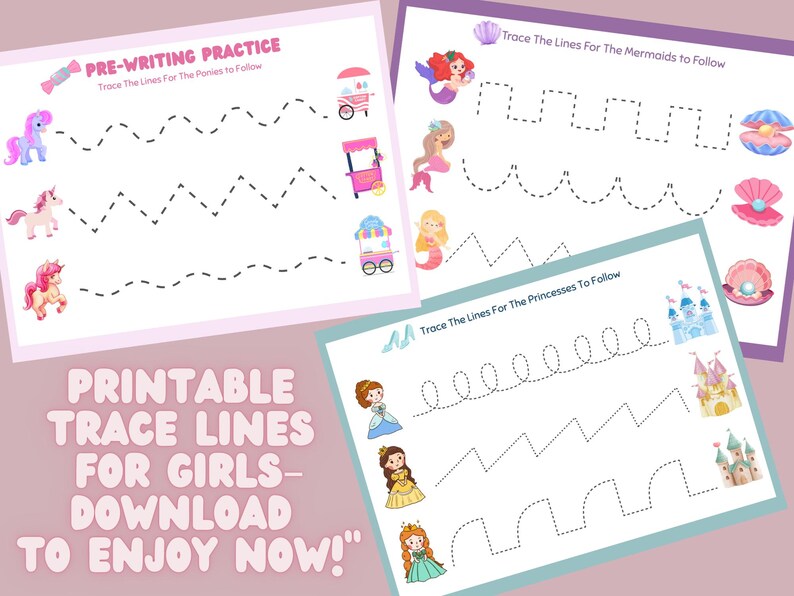 Pre-writing Tracing Printable for Girls | Mermaids, Princesses & Ponies ...