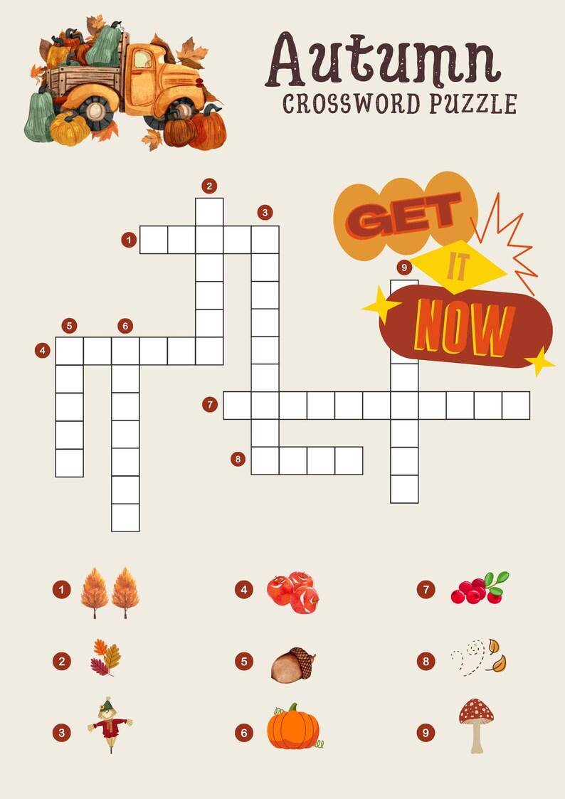 Autumn Crossword Puzzle Printable | Fall Activity Worksheet for Kids ...