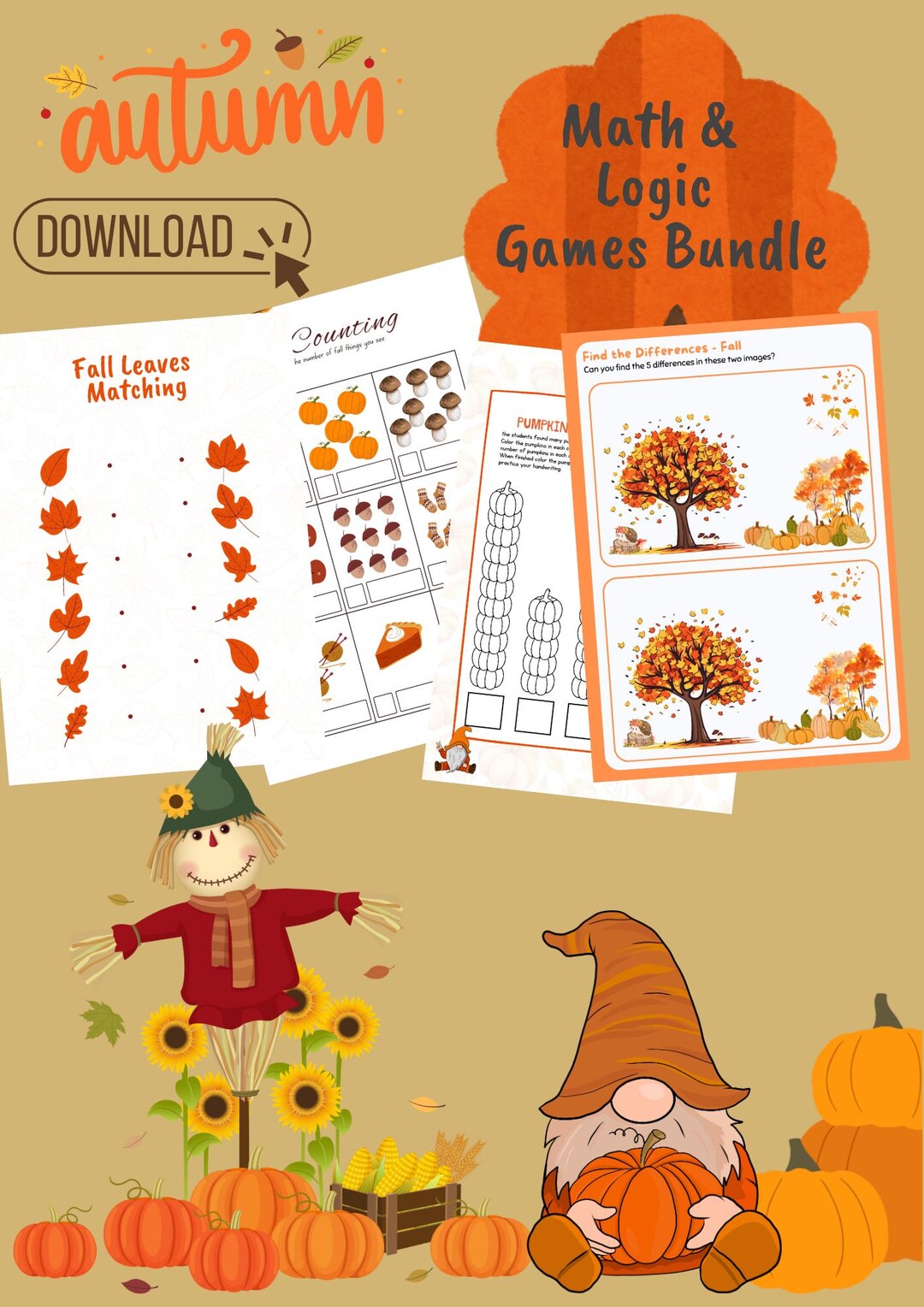 Fall Math & Logic Game Bundle – Autumn Printable Worksheets for Kids ...