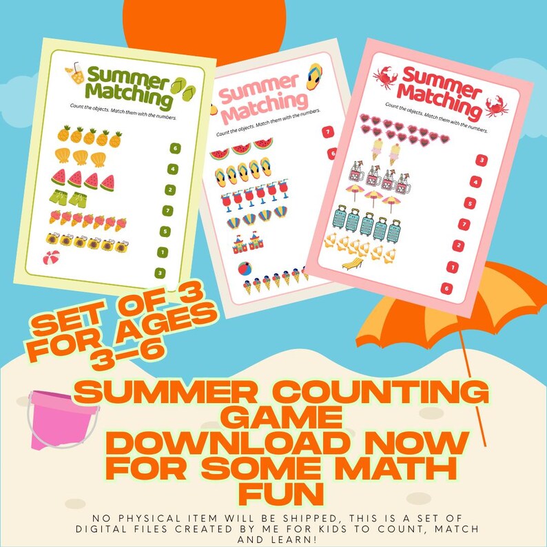 Summer Counting & Matching Worksheets | Kids Printable Activity (PDF ...