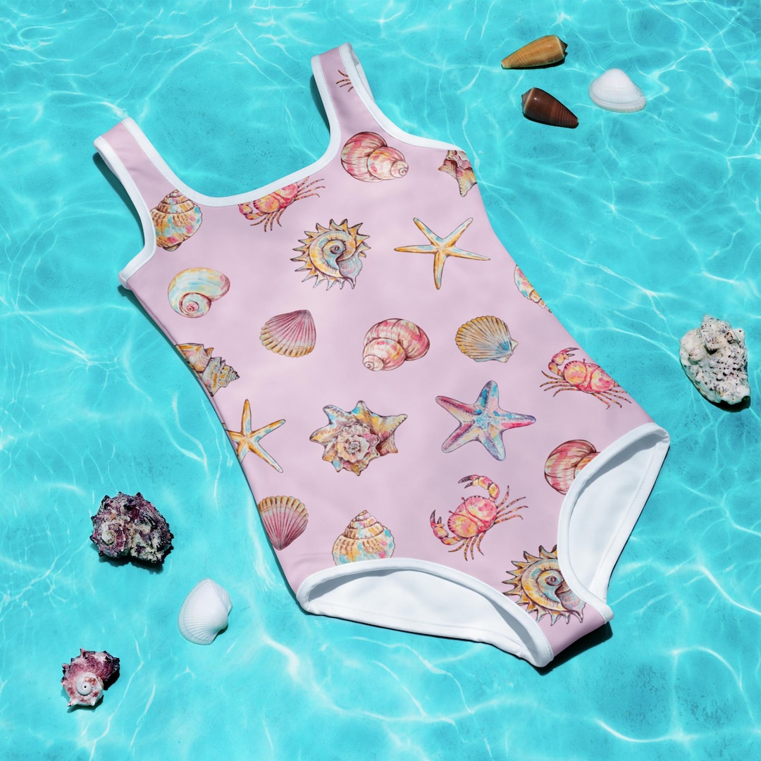 Pink Seashell Girls Swimsuit | Coral Reef Toddler Bathing Suit | Cute ...