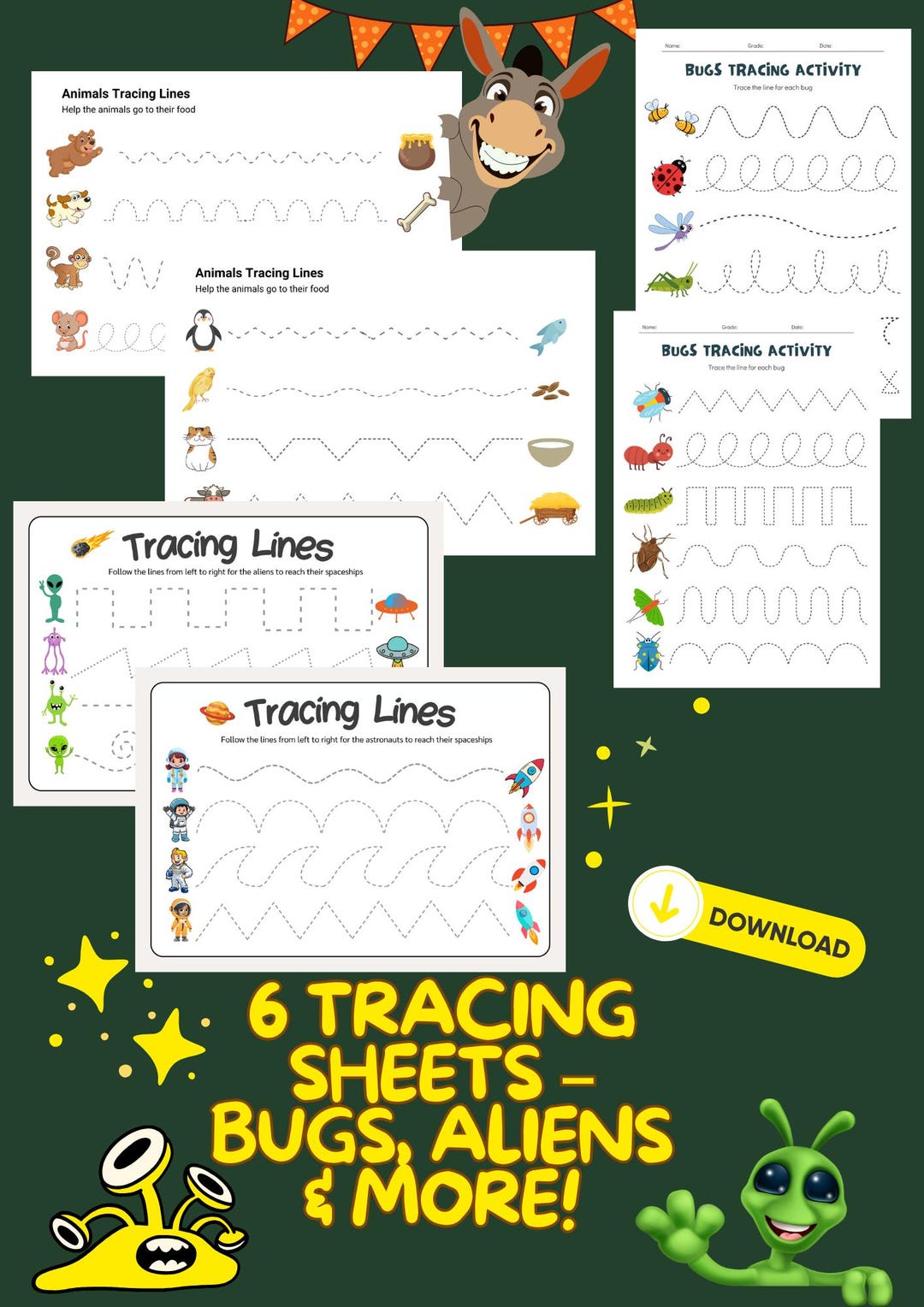 Tracing Lines Worksheets for Kids – 6 Fun Printable Sheets With Bugs ...