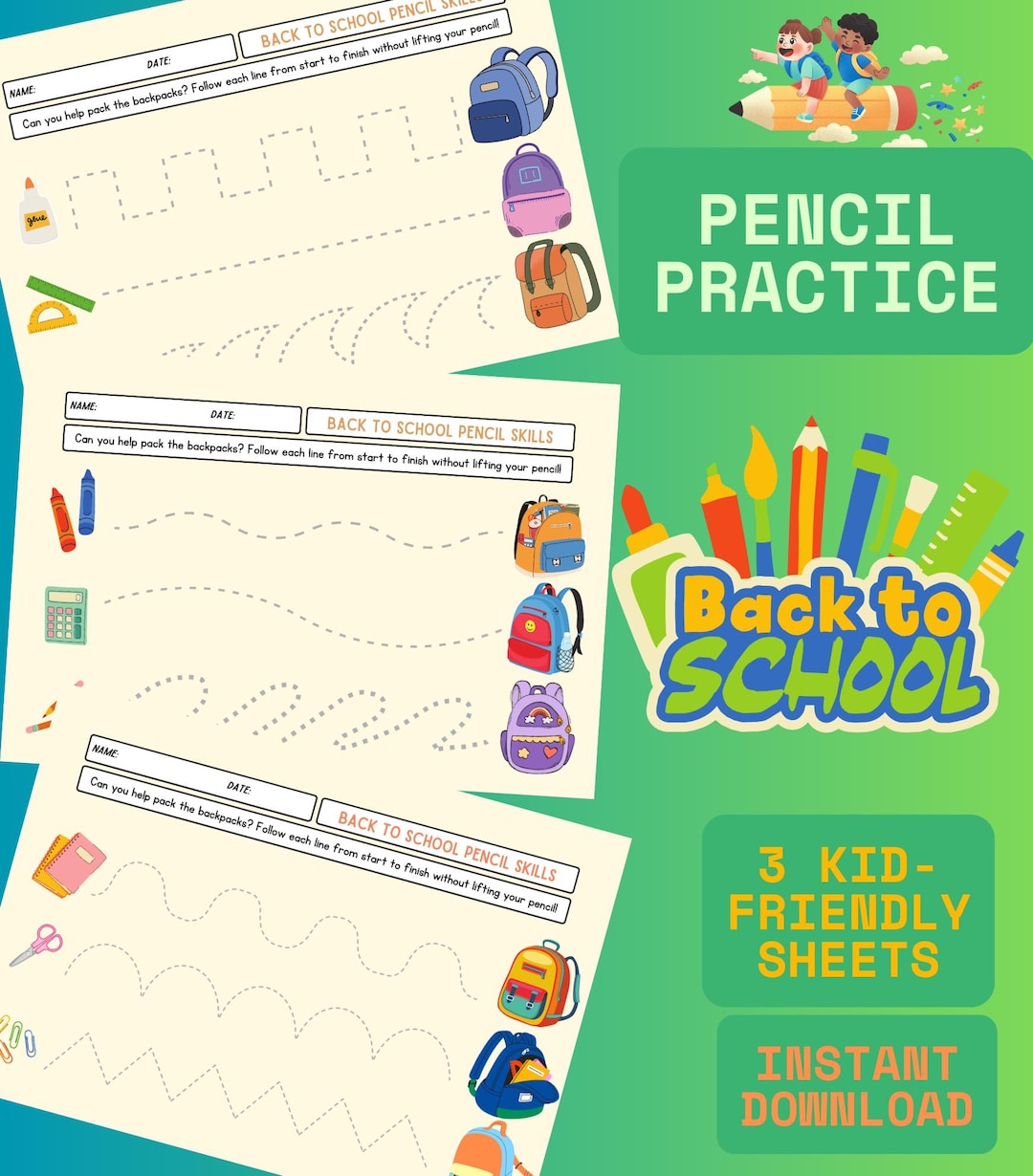 School Supplies Tracing Lines Worksheets – 3 Page Preschool Prewriting ...