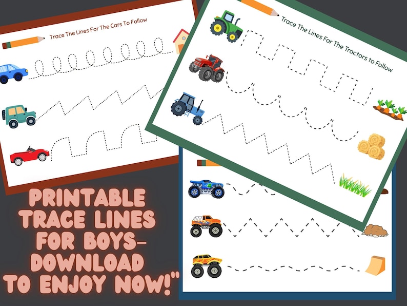 Printable Pre-writing Practice With Monster Trucks, Cars & Tractors - Etsy
