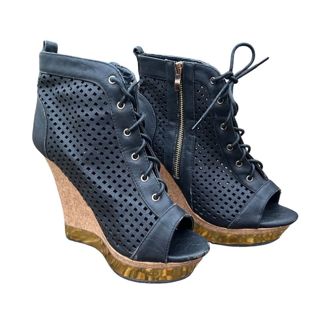 Vintage Y2K Platform Heel Wedges Womens 9 Faux Leather Cork Open City ...