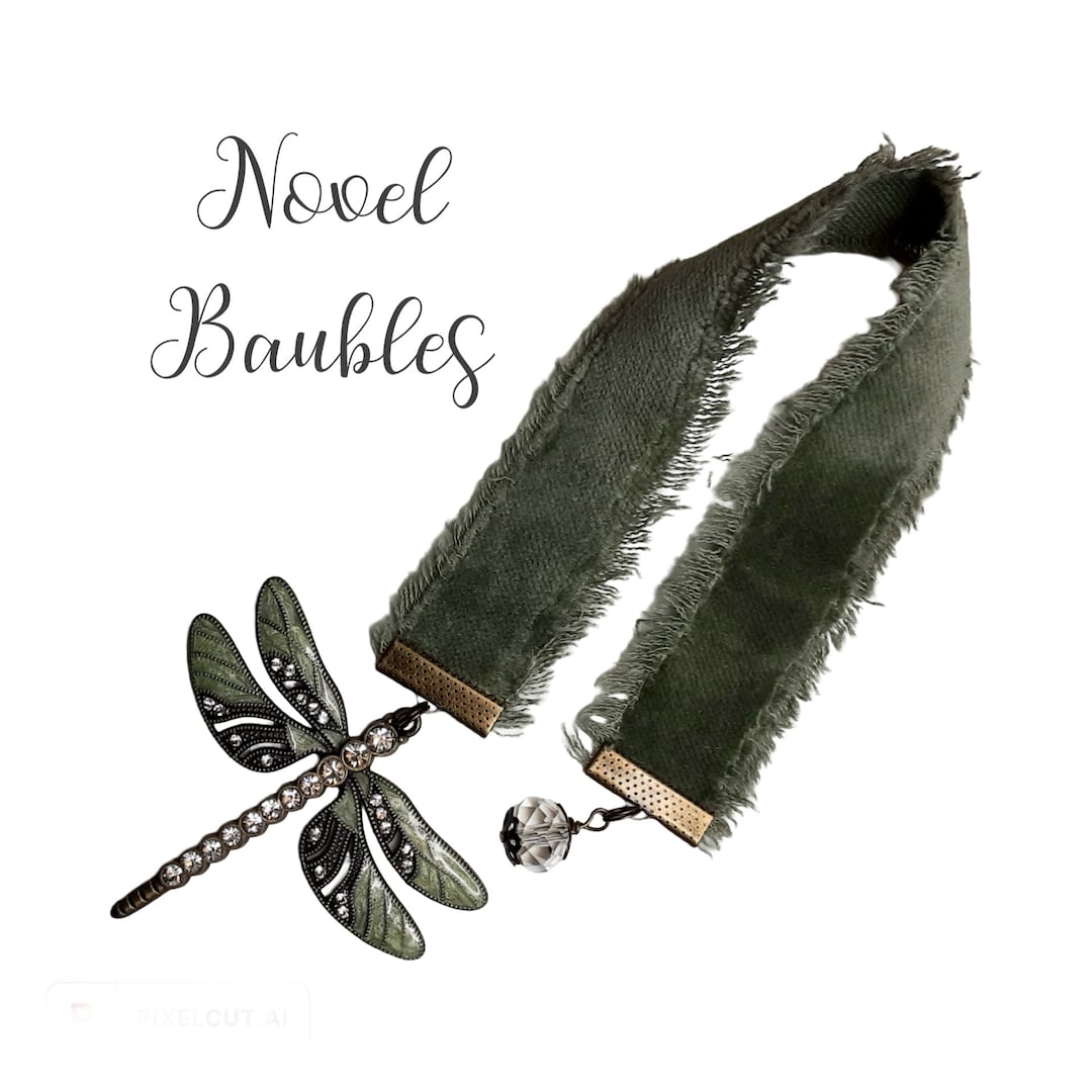 Dragonfly Bookmark, Frayed Edge Ribbon, Sage Velvet Page Marker, Gift ...