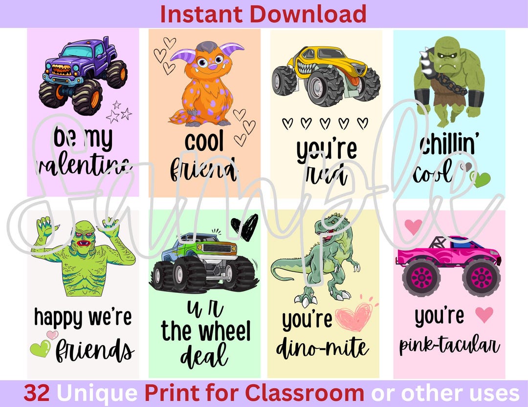 Trucks and Monsters Valentine Cards Printable PDF Kids Valentines ...